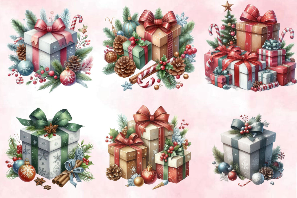 Watercolor Christmas Gift Box Sublimation Clipart Bundle - So Fontsy