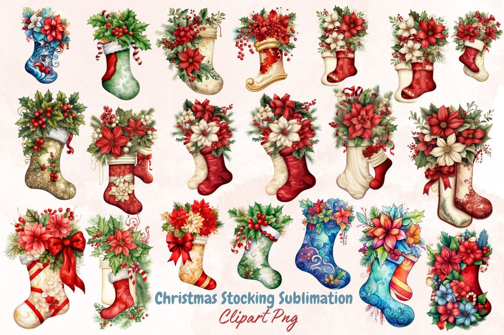 Watercolor Christmas Stocking Sublimation Clipart Bundle - So Fontsy