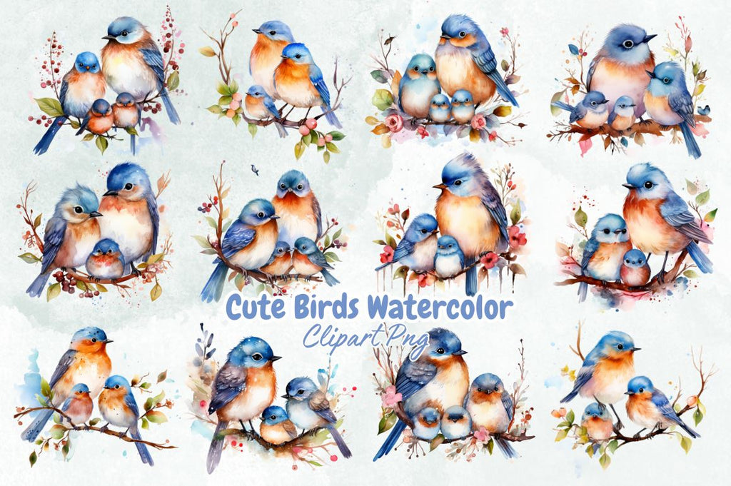 Watercolor Cute Birds Wall Art Clipart Bundle - So Fontsy