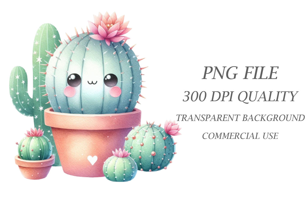 Watercolor Cute Cactus Clipart - So Fontsy