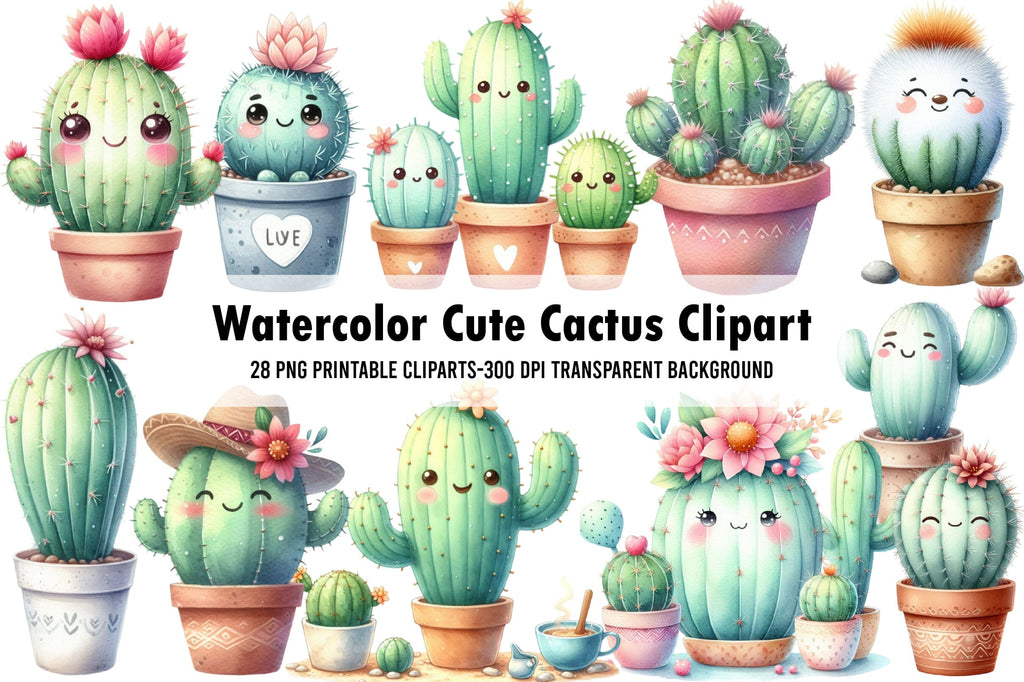 Watercolor Cute Cactus Clipart - So Fontsy
