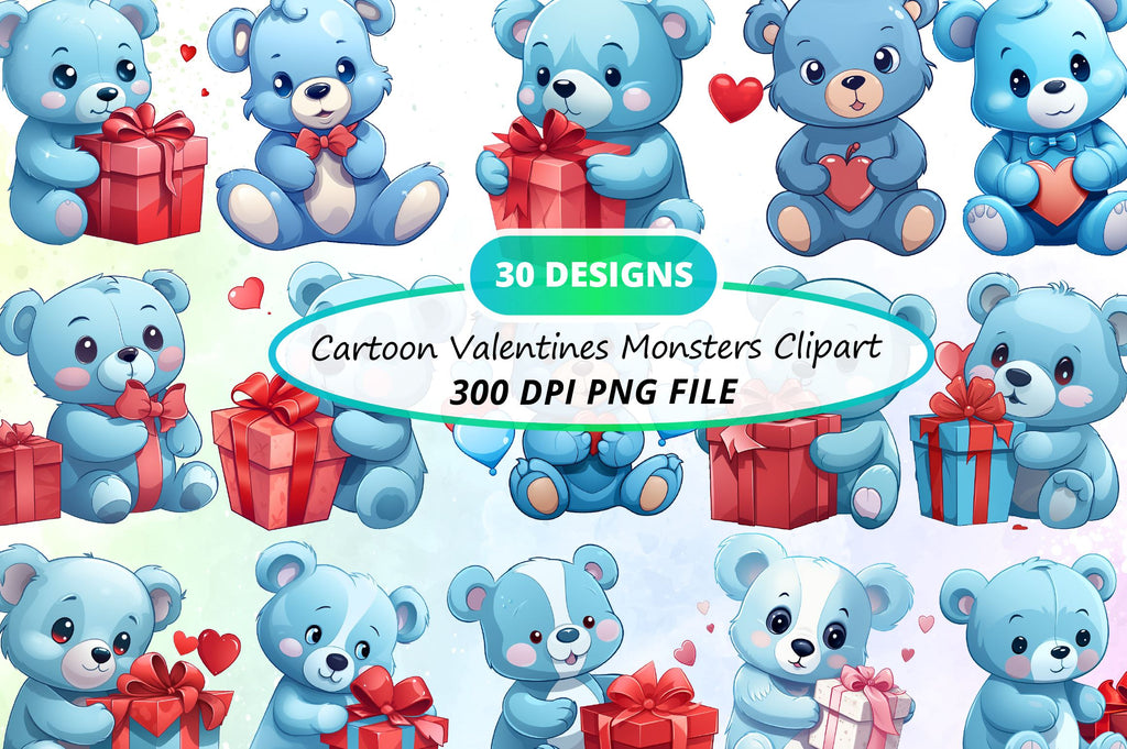 Watercolor Cute Cartoon Valentines Monsters Clipart Bundle - So Fontsy