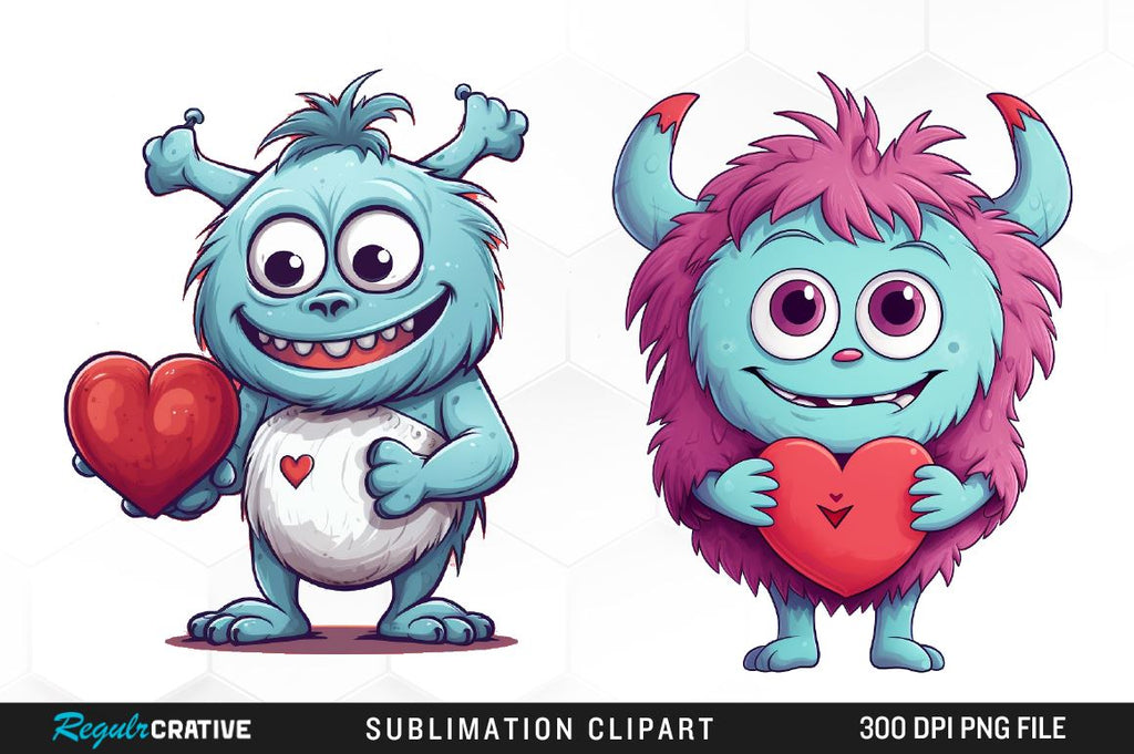 Watercolor Cute Cartoon Valentines Monsters Clipart Bundle - So Fontsy