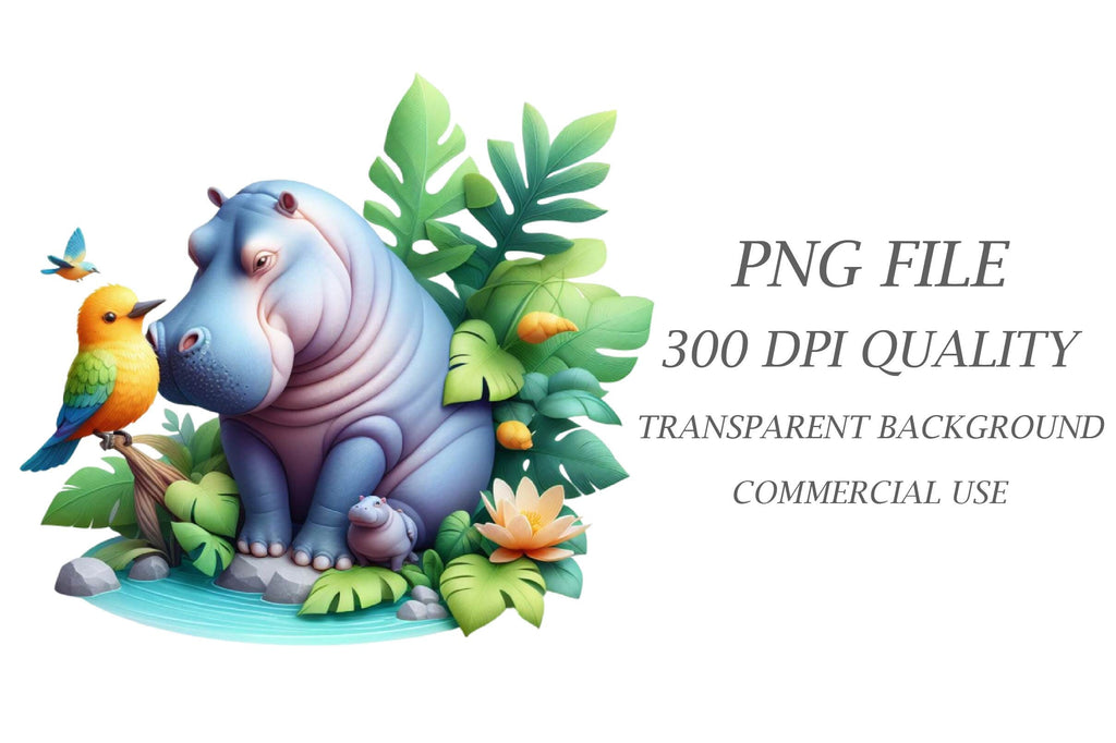 Watercolor Cute Hippo Clipart - So Fontsy