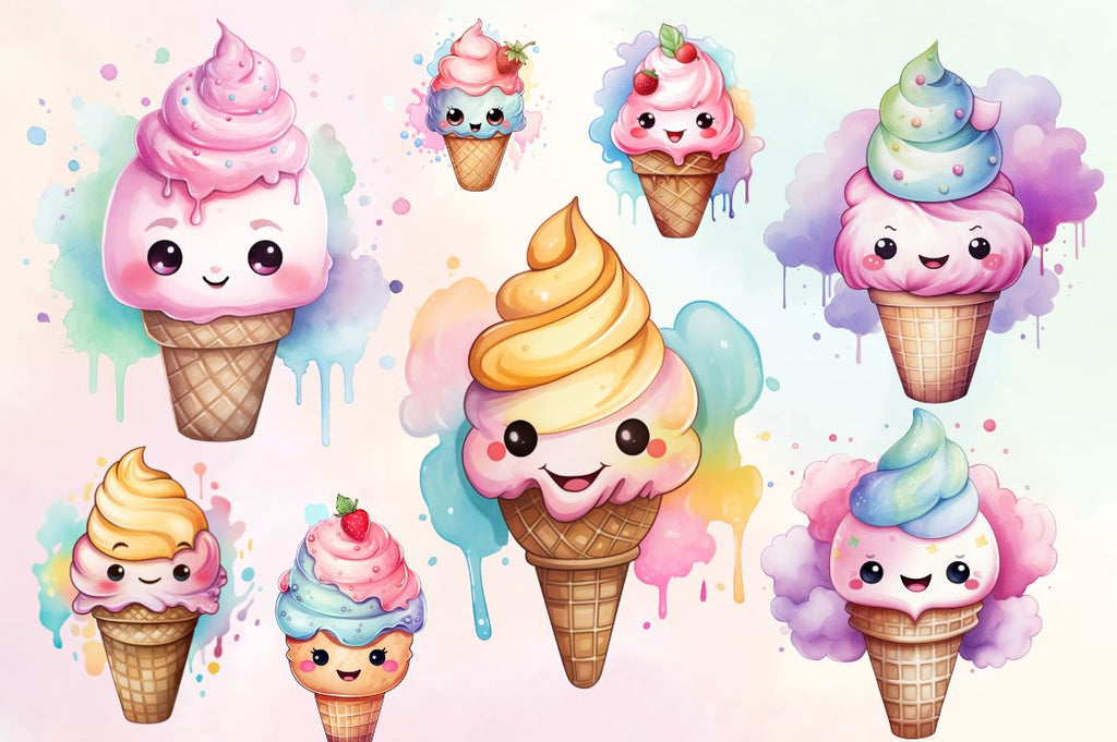 Watercolor Cute Ice Cream Clipart Bundle - So Fontsy