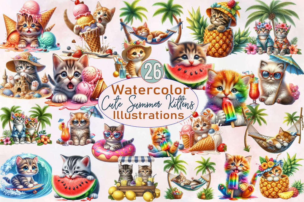 Watercolor Cute Summer Kittens Clipart - So Fontsy