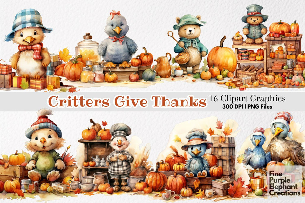 Watercolor Cute Thanksgiving Animals PNG Clipart - So Fontsy