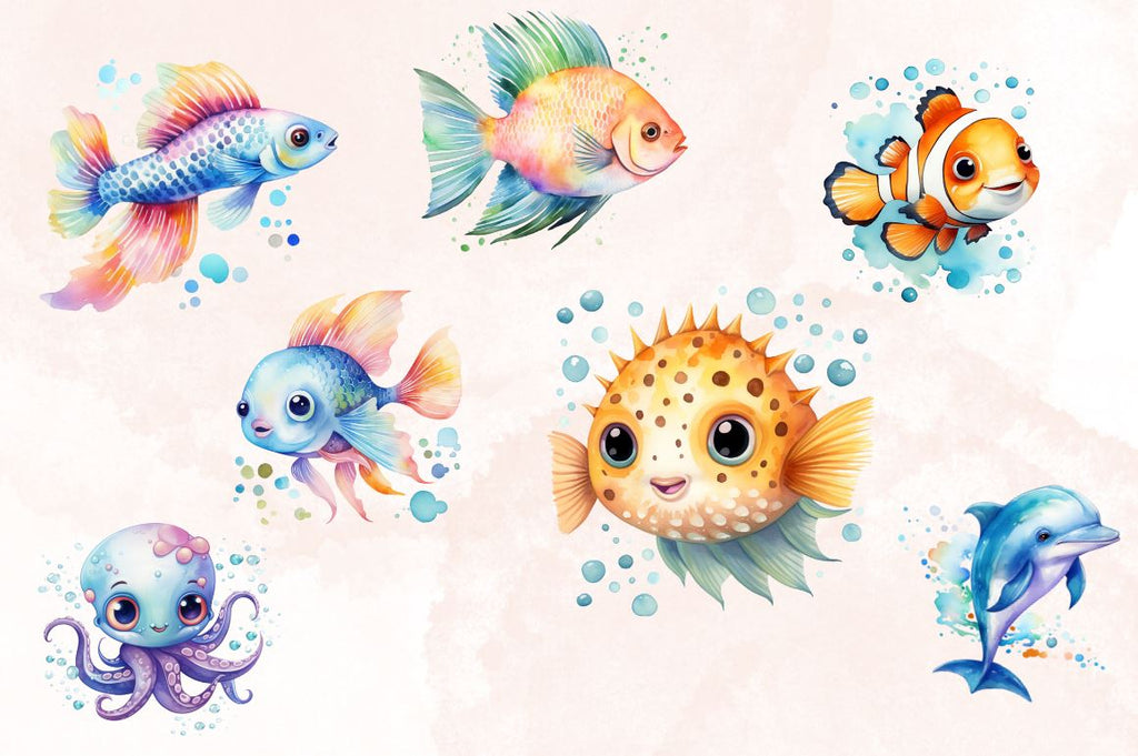 Watercolor Cute Underwater Fish Clipart Bundle - So Fontsy