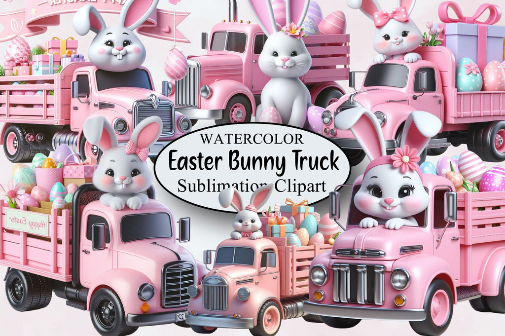 Watercolor Easter Bunny Truck Clipart Bundle - So Fontsy