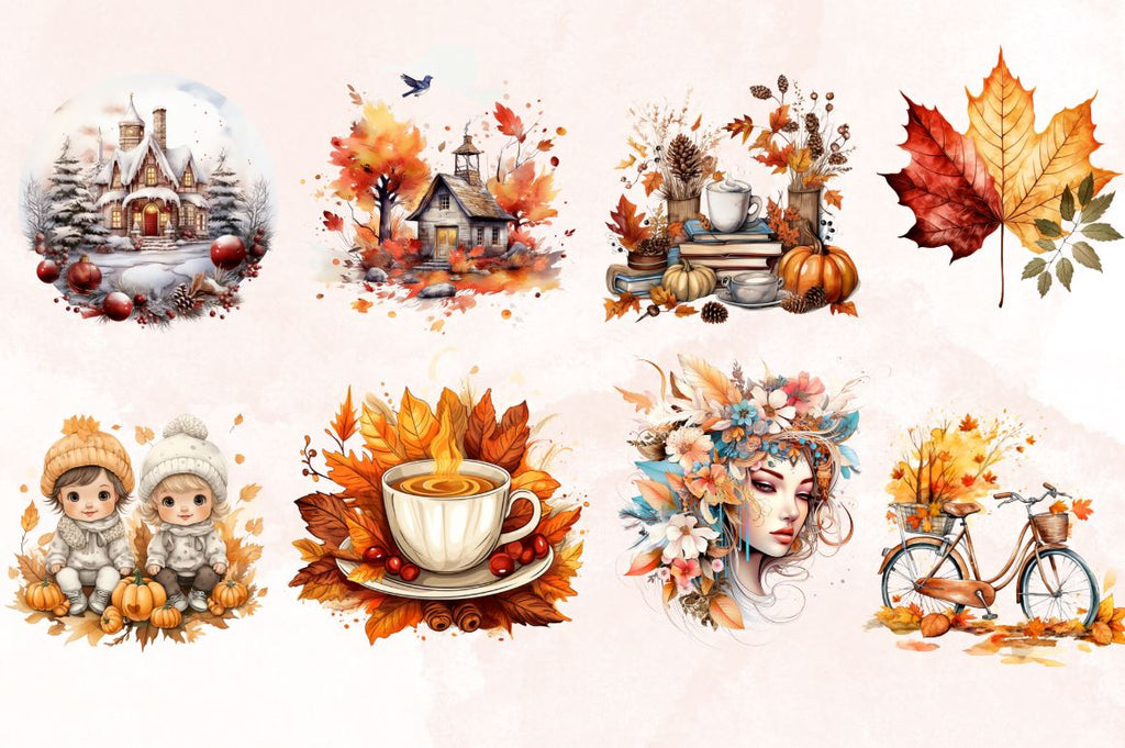 Watercolor Fall Season Sublimation Clipart Bundle - So Fontsy