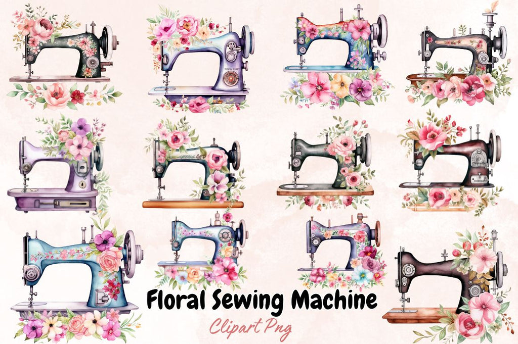 Watercolor Floral Sewing Machine Clipart Bundle - So Fontsy