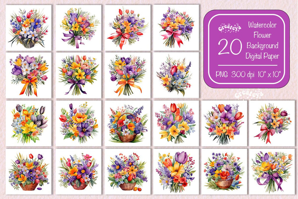 Watercolor Flower bouquet Flower Backgrounds Digital Paper Set PNG - So ...