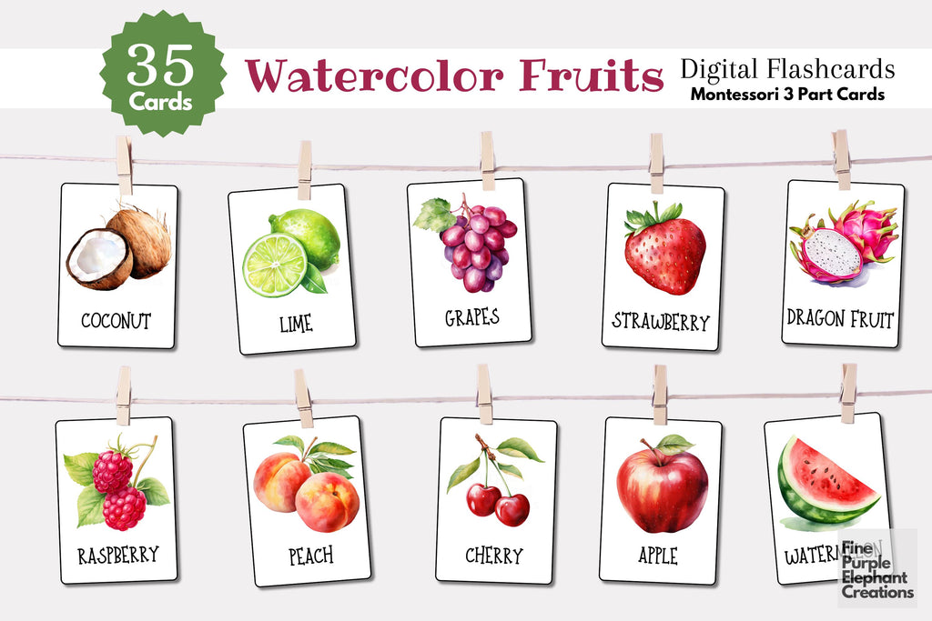 Watercolor Fruit Flashcards | Preschool Montessori Cards - So Fontsy