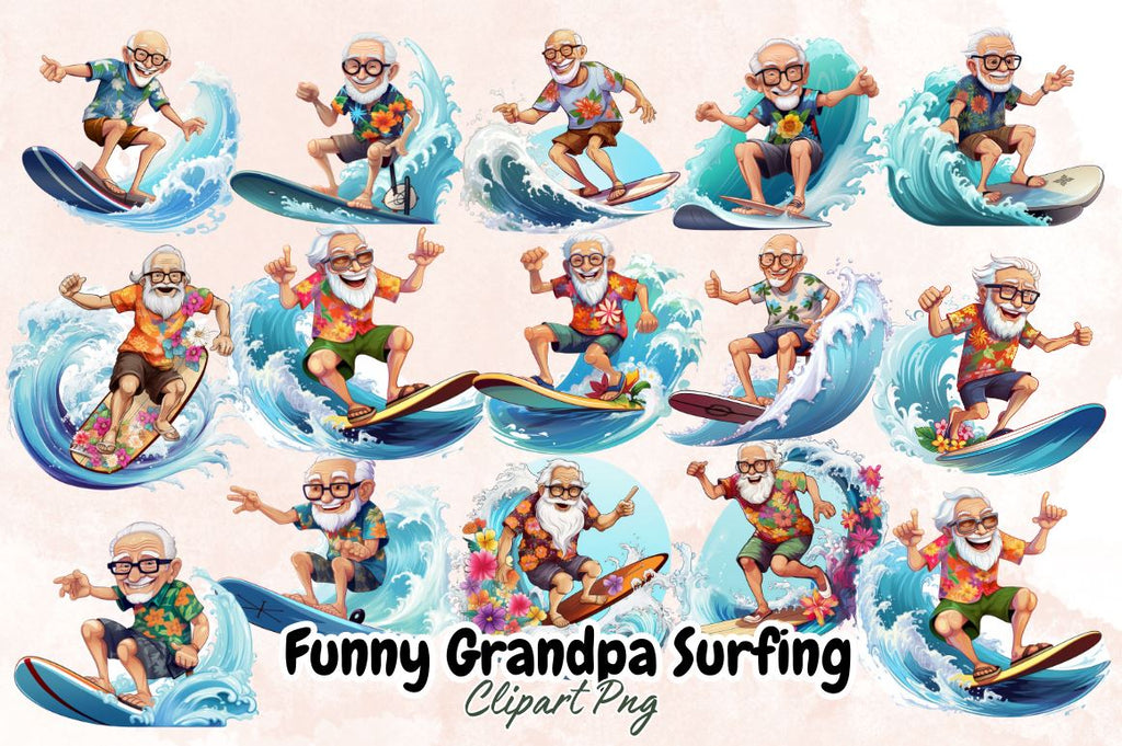 Watercolor Funny Grandpa Surfing Sublimation Bundle - So Fontsy