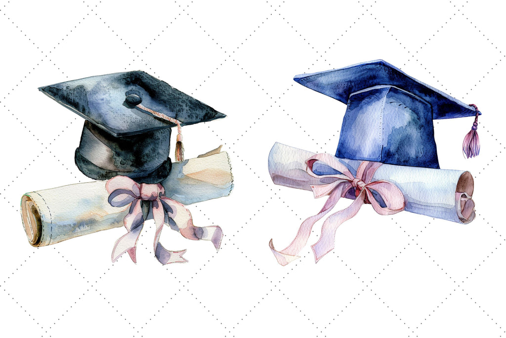 Watercolor graduation cap and diploma Clipart Bundle - So Fontsy
