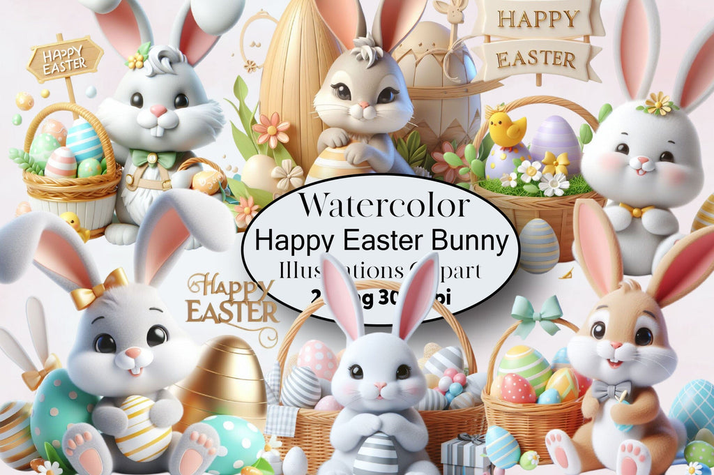 Watercolor Happy Easter Bunny Clipart Bundle - So Fontsy
