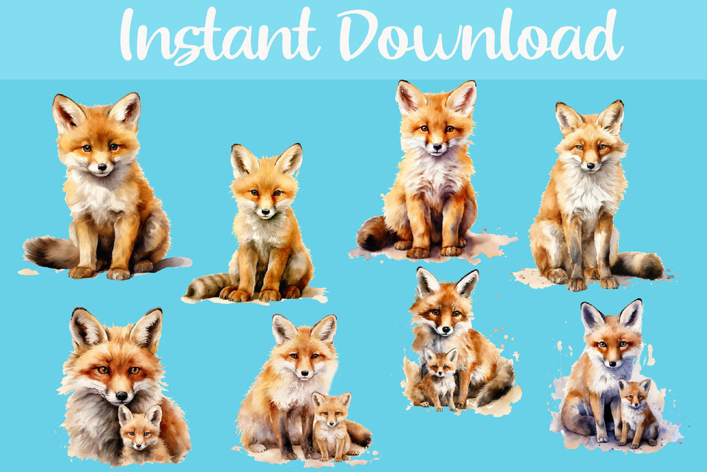 Watercolor Mother and baby Fox Clipart - So Fontsy