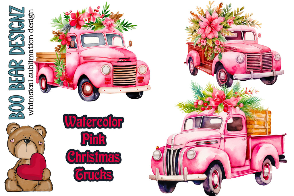 Watercolor Pink Christmas truck Clipart - So Fontsy