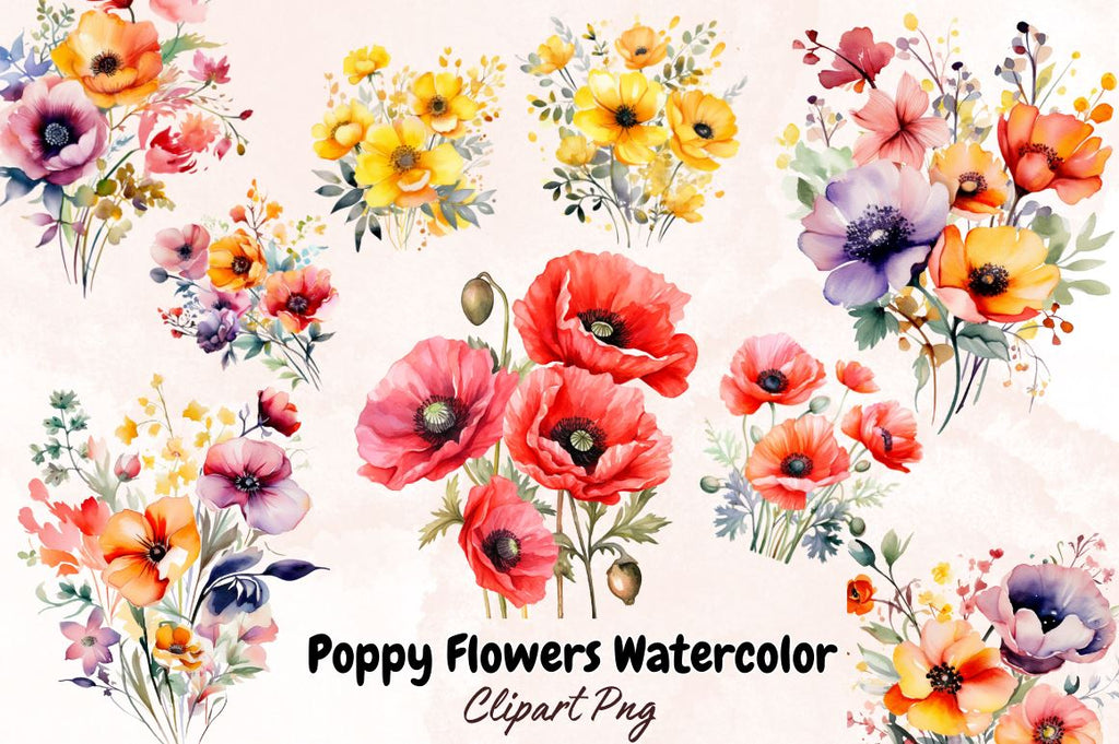 Watercolor Poppy Flowers Sublimation Bundle - So Fontsy