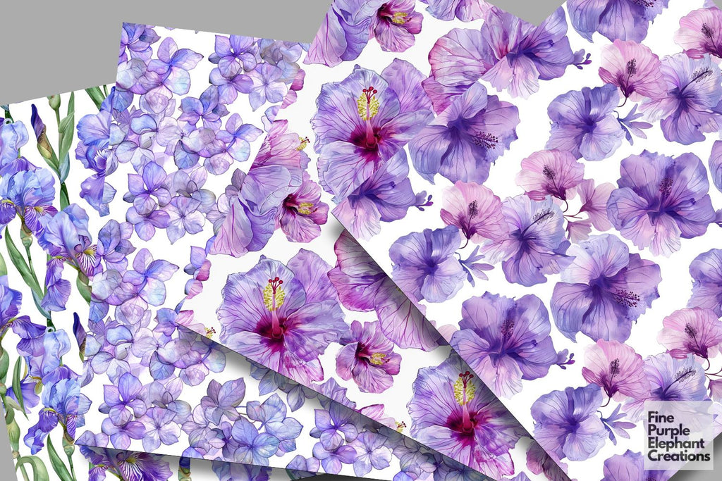 Watercolor Purple Flower Digital Paper | Elegant Royal - So Fontsy