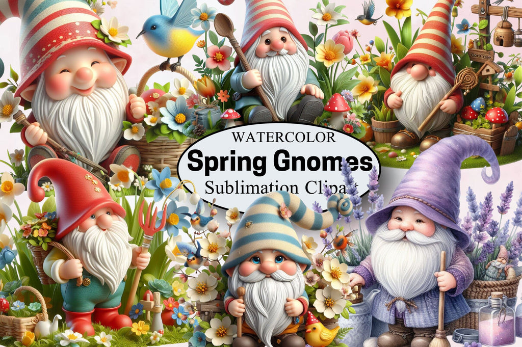 Watercolor Spring Gnomes Clipart - So Fontsy