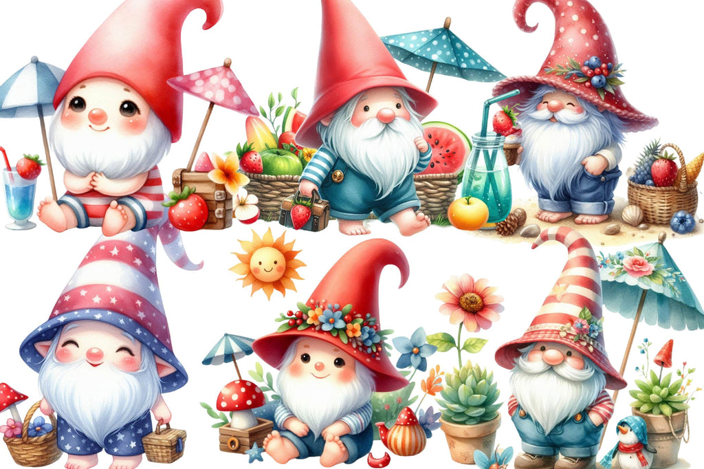 Watercolor Summer Gnome Clipart - So Fontsy