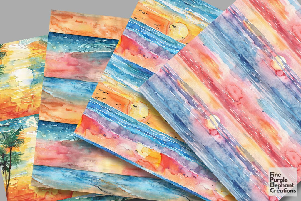 Watercolor Tropical Sunset Digital Paper | Hawaiian Island Beach Summer ...