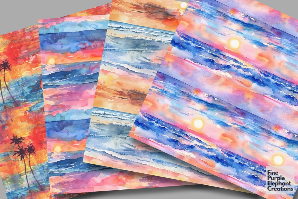 Watercolor Tropical Sunset Digital Paper | Hawaiian Island Beach Summer ...