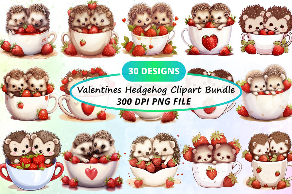 Watercolor Valentines Hedgehog Collection Clipart Bundle - So Fontsy