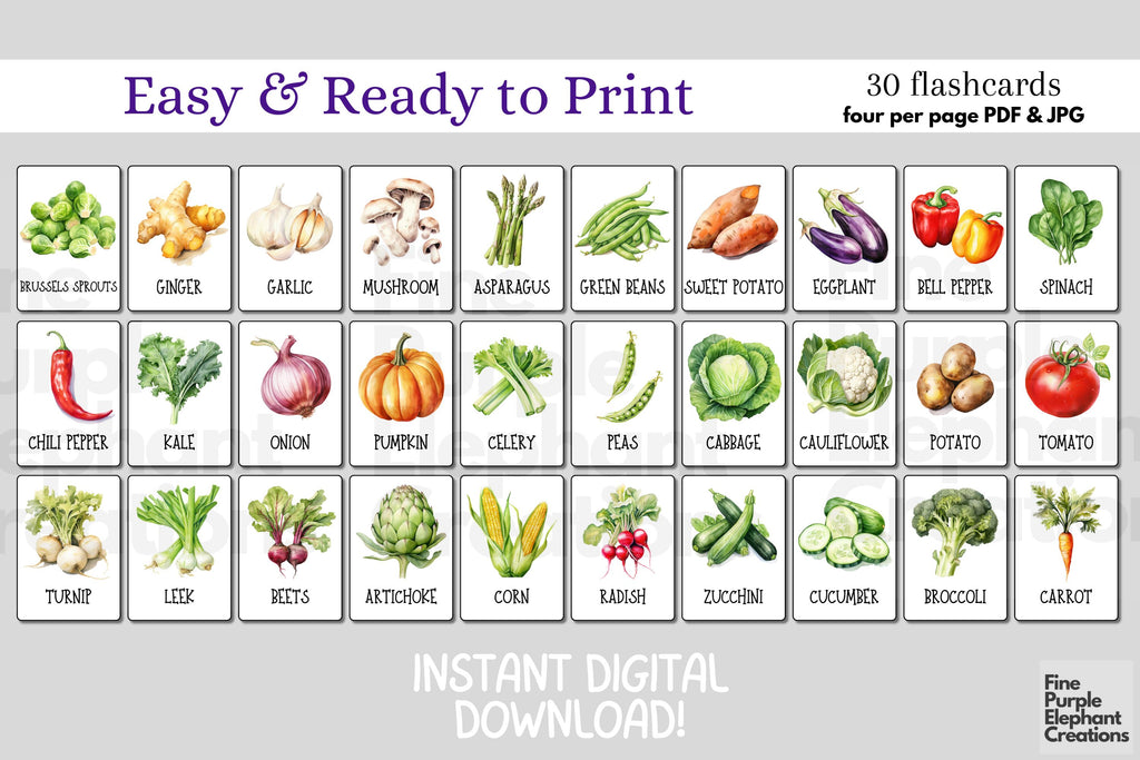Watercolor Vegetable Flashcards | Preschool Montessori Cards - So Fontsy