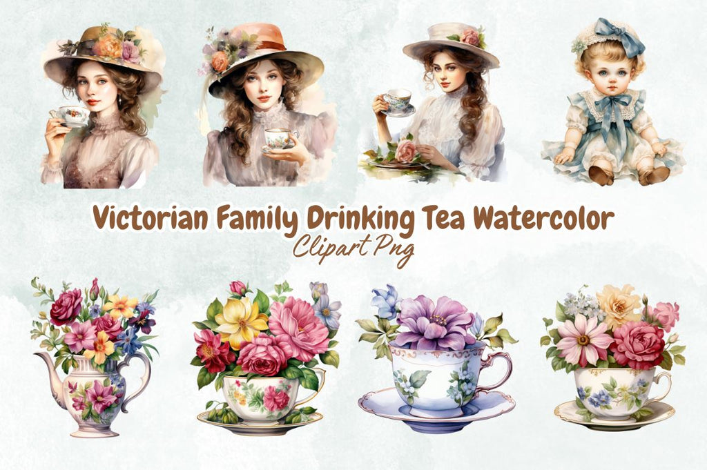 Watercolor Victorian Family Drinking Tea Clipart Bundle - So Fontsy