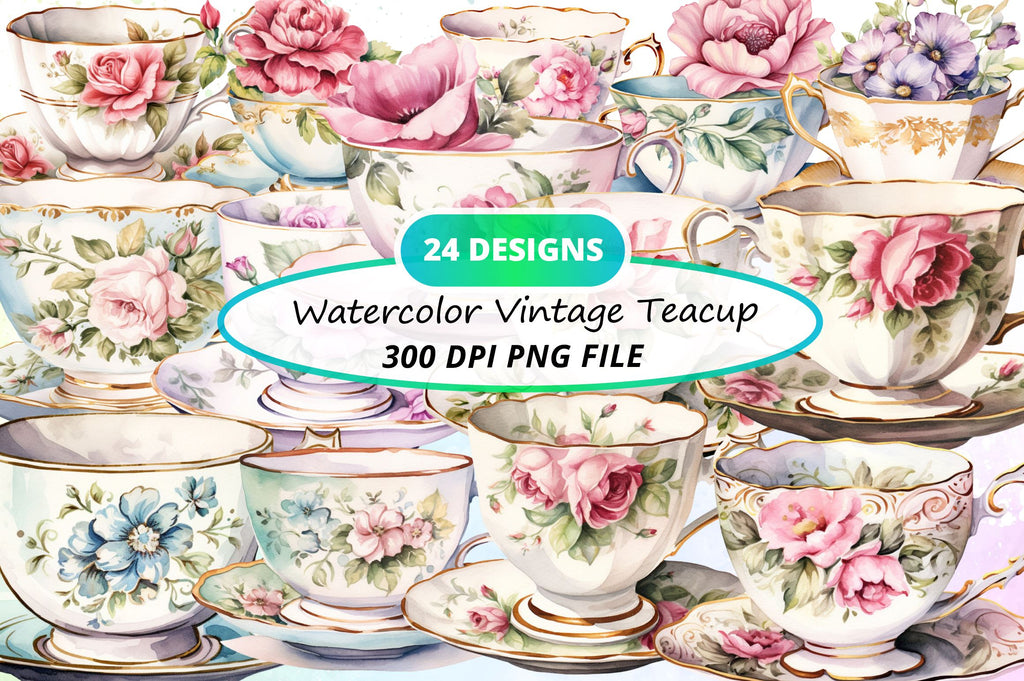 Watercolor Vintage Teacup Clipart Bundle - So Fontsy