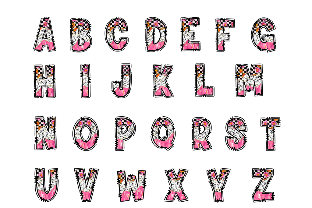 Western Doodle Alphabet PNG, Pink Cow Print Floral Letters - So Fontsy