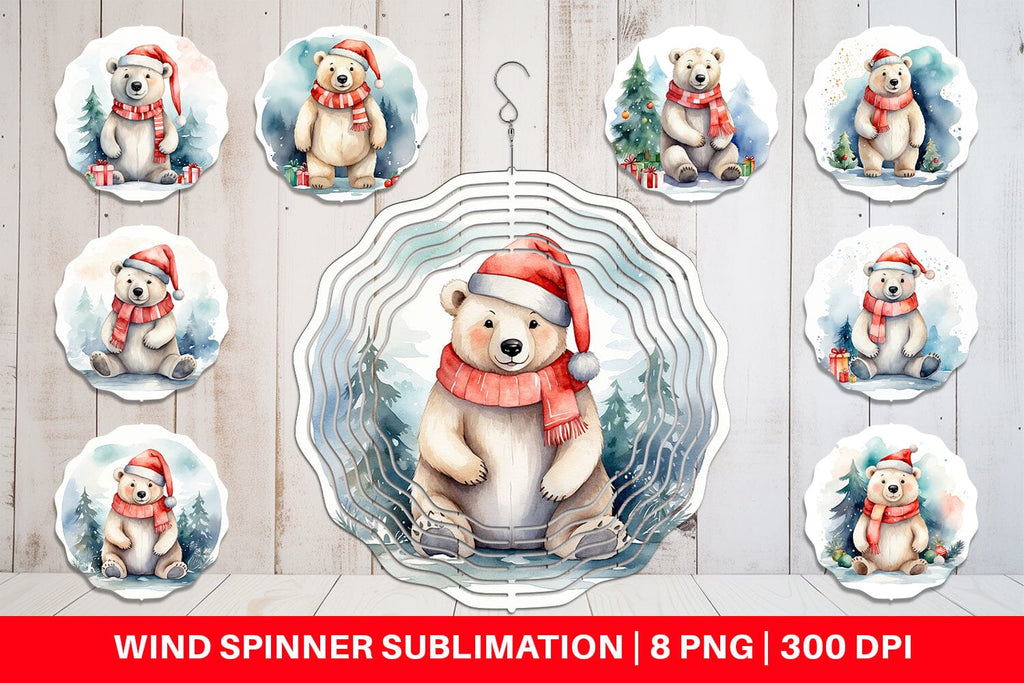 Wind Spinner Watercolor Christmas Polar Bear - So Fontsy