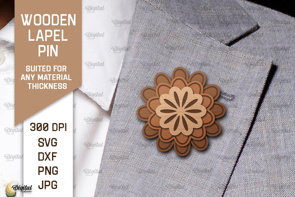 Wooden Lapel Pin Laser Cut. Wooden Flower Lapel Pin SVG - So Fontsy