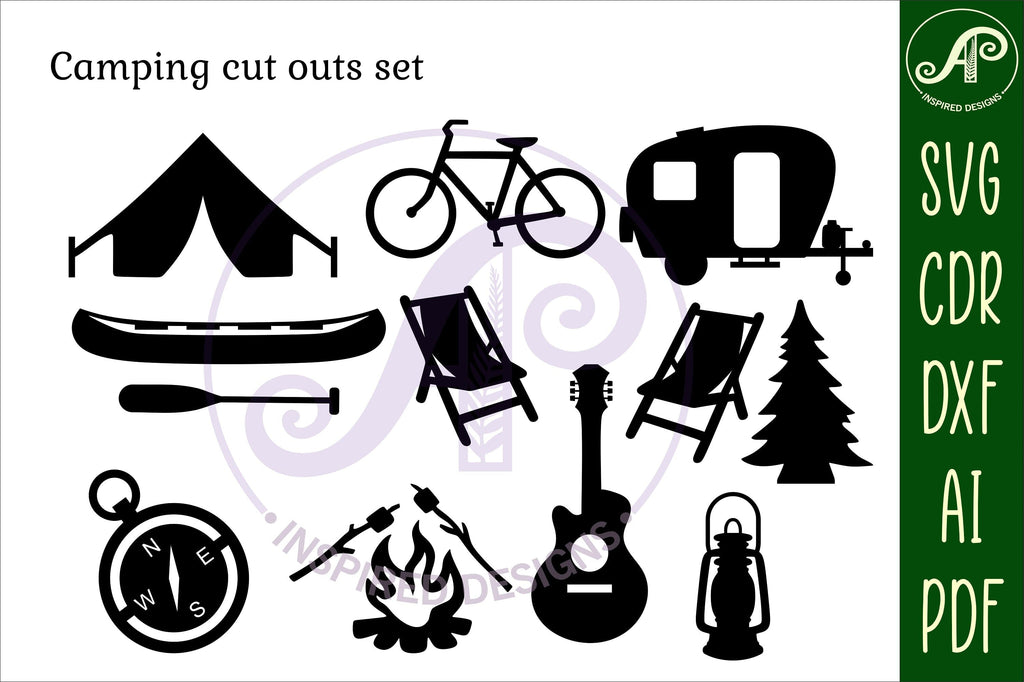 18 Camping theme cut out designs, laser cut file, shapes SVG - So Fontsy