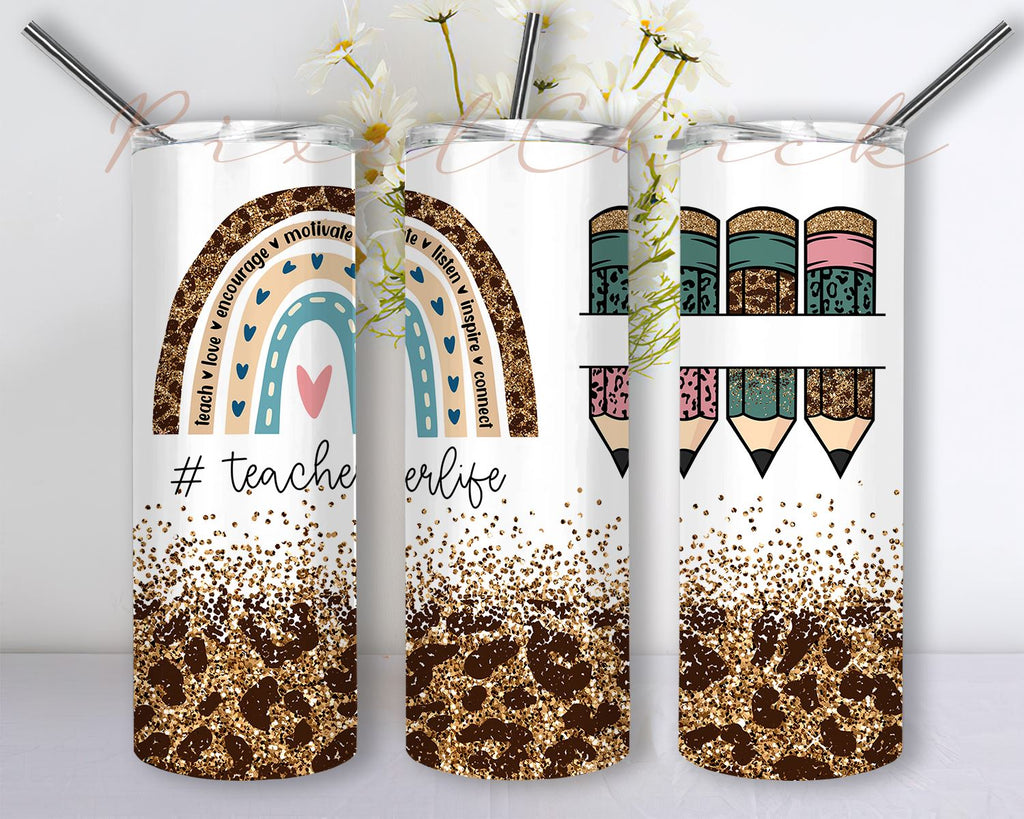 20 oz Skinny Tumbler Rainbow Leopard Glitter Teacher Tumbler Pencil ...