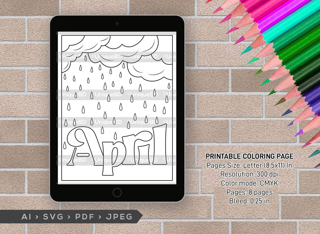 April Month Printable Coloring Page Bundle, PDF Colouring Book, Instant ...