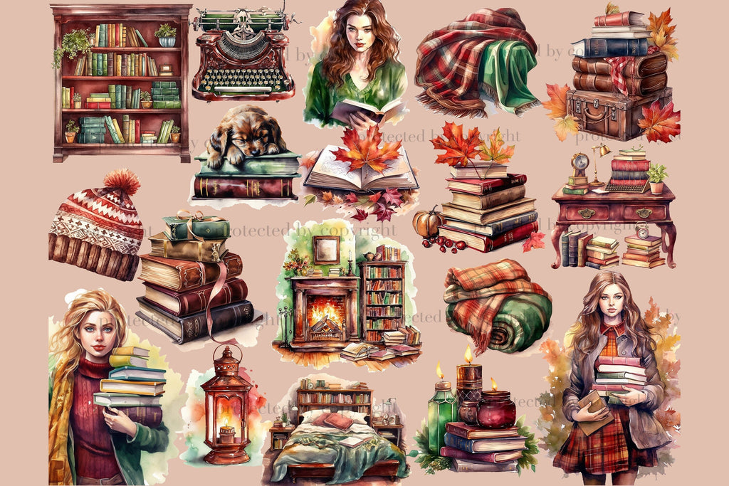 Autumn Clipart Bundle | Reading Illustrations Collection - So Fontsy