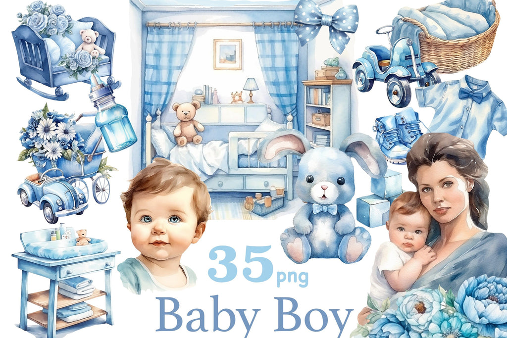Baby Boy Clipart Bundle | Blue Baby Clipart Set - So Fontsy