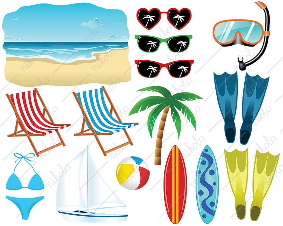 Beach Bundle, Clipart Set, Summer, Tropical, PNG, Sea, Ocean, Palm Tree ...