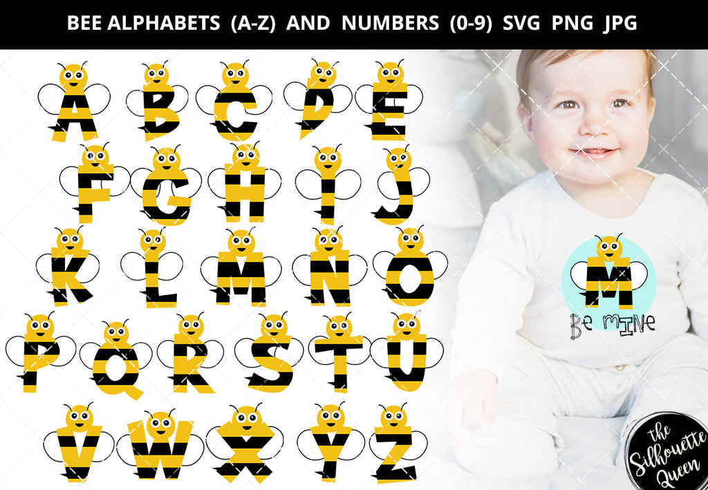 Bee alphabet a-z svg, bee number 0-9 svg, alphabet clipart, letters svg ...