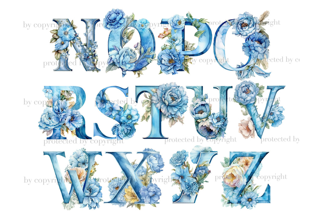 Blue Flowers Alphabet | Blue Baby Clipart - So Fontsy