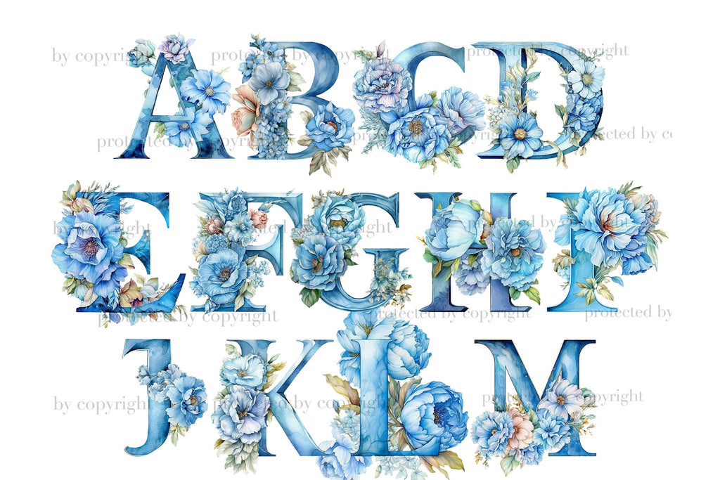 Blue Flowers Alphabet | Blue Baby Clipart - So Fontsy