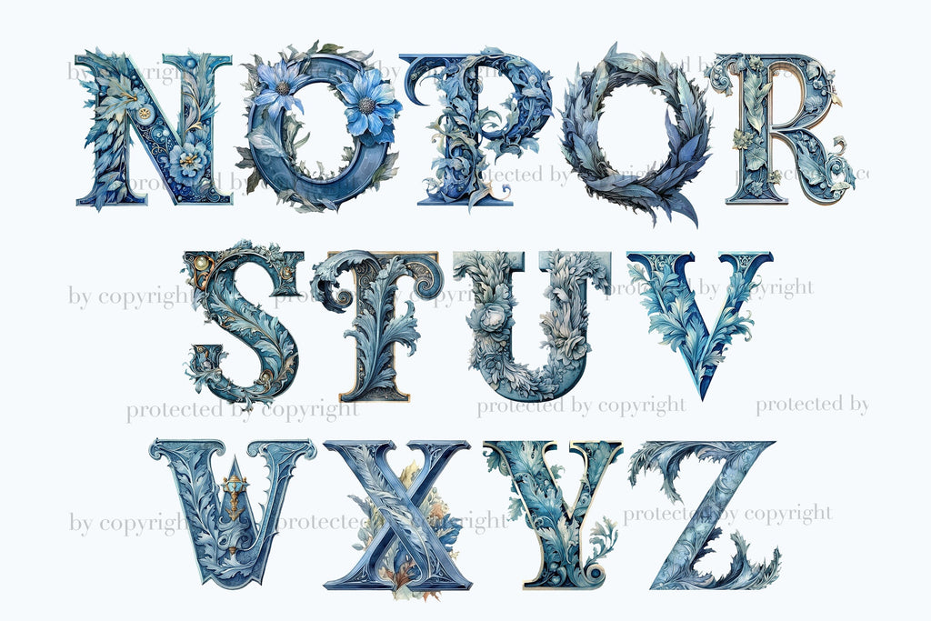Blue Flowers Alphabet Clipart | Wedding Lettering - So Fontsy