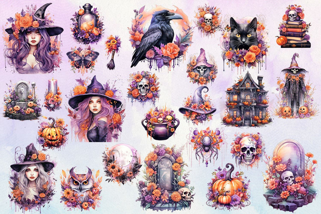 Boho Halloween Clipart Bundle, 25 Transparent PNG's - So Fontsy