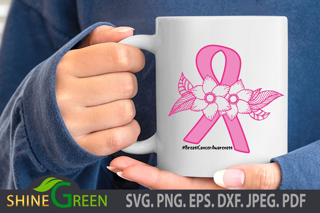 Breast Cancer SVg Cut File with Hand Drawn Flower and Pink Ribbon ...