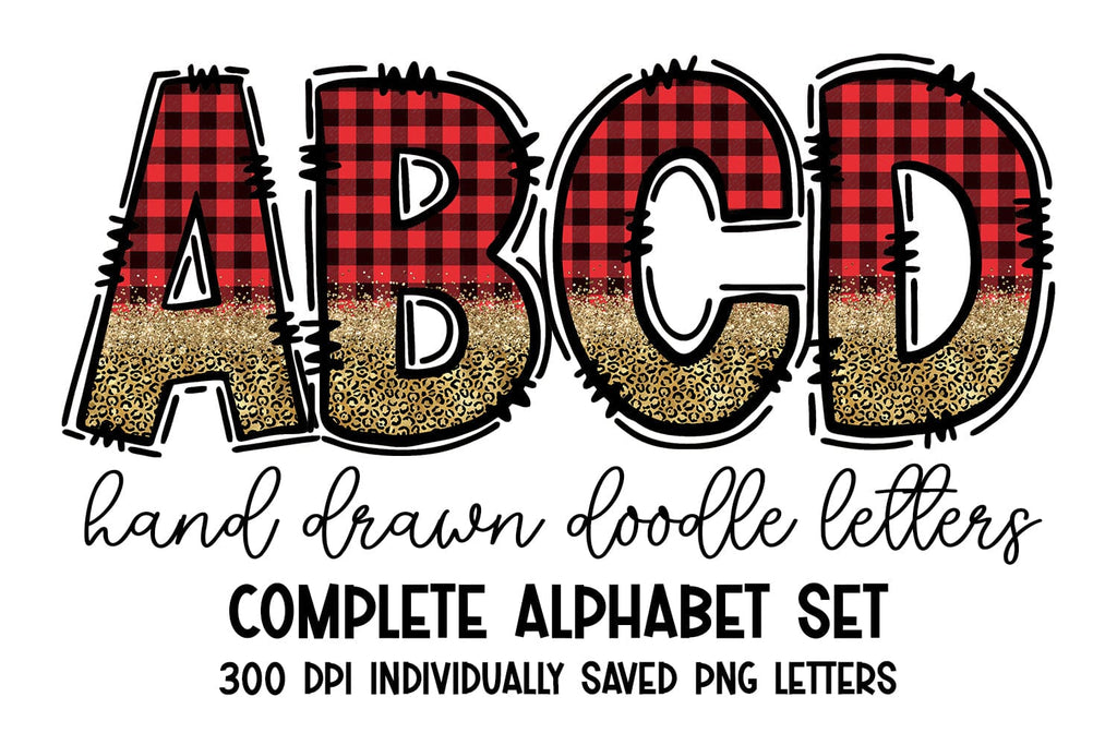 Buffalo Plaid Leopard Print Doodle Letters Alphabet Set - So Fontsy