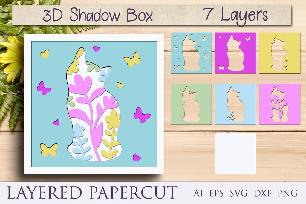 Cat with flowers shadow box svg, 3d layered cat paper cut template - So ...