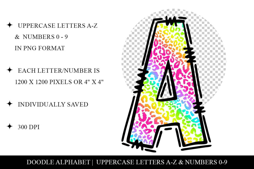 Cheetah Print Rainbow Alphabet Doodle Letters - So Fontsy